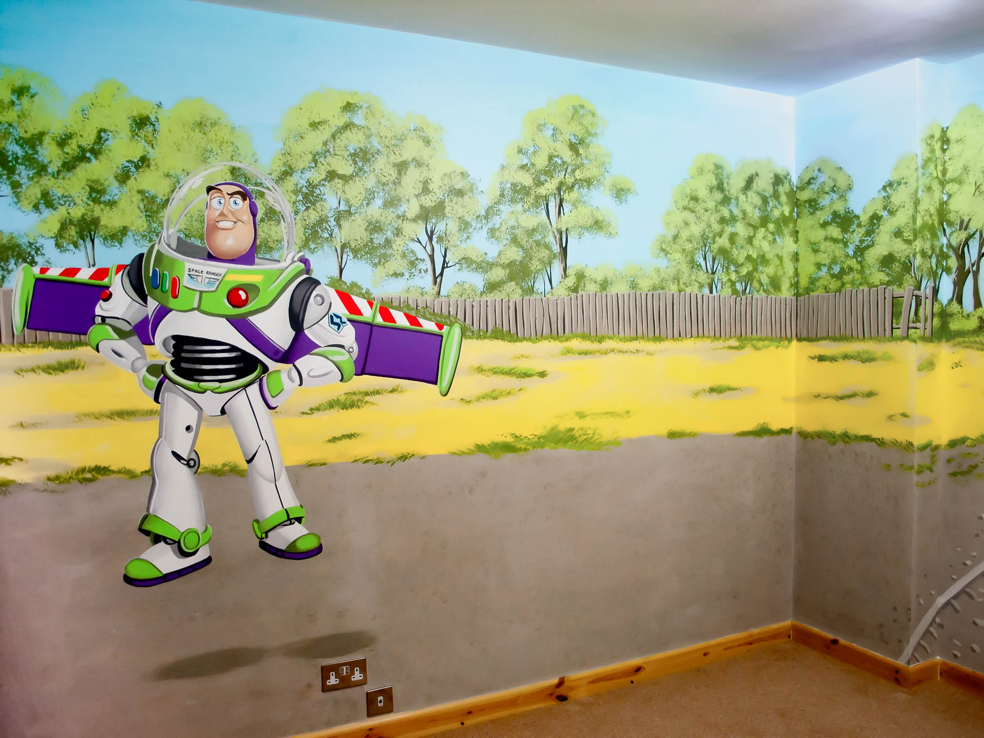 Boy's Room Mural with Cars McQueen, Mater, Buzz Lightyear, Fireman Sam ...