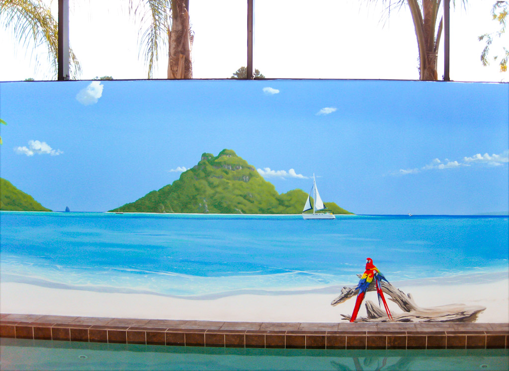 Florida Pool Mural of Tropical Beach | Sacredart Murals